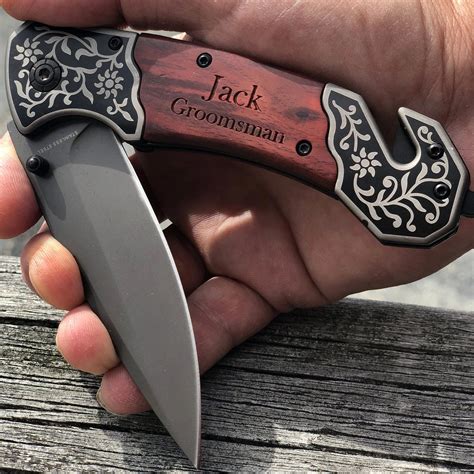 Handsome Scroll Work Personalized Pocket Knife With Wood Handle