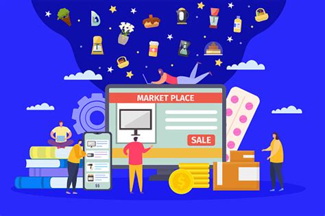 플랫 컴퓨터 벡터 일러스트에서 온라인 시장 장소 웹 인터넷 스토어 비즈니스 컨셉 모바일 마케팅 및 전자 상거래 웹페이지에 대한