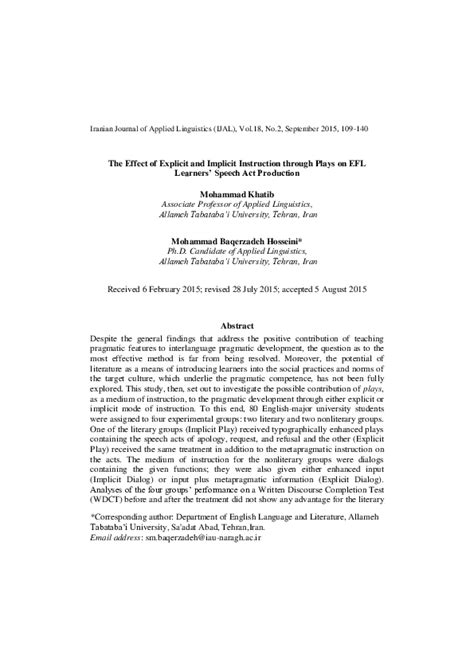 Pdf The Effect Of Explicit And Implicit Instruction Through Plays On Efl Learners Speech Act