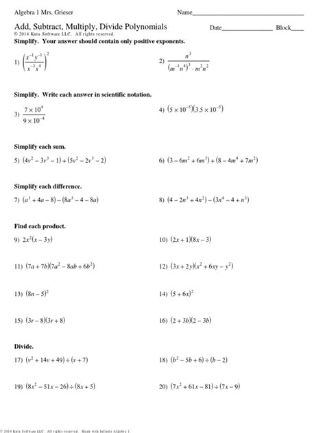 Kuta Add Subtract Multiply Divide Polynomials For After Bma Pdf Pdf