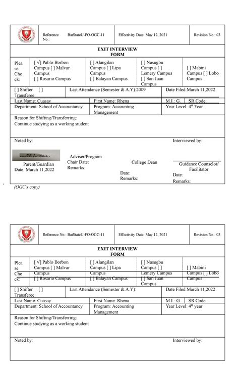 Bsu Exit Interview Form 2 Reference No Batstateu Fo Ogc 11 Effectivity Date May 12 2021