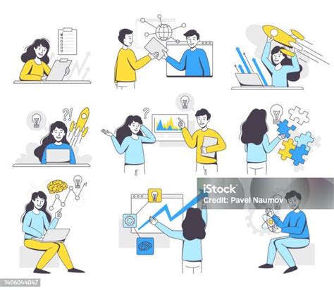 시작 개요 벡터 일러스트 레이 션 세트로 작업하는 사람들 캐릭터가있는 비즈니스 프로젝트 개발에 대한 스톡 벡터 아트 및 기타 이미지 개발 격언 남자 Istock