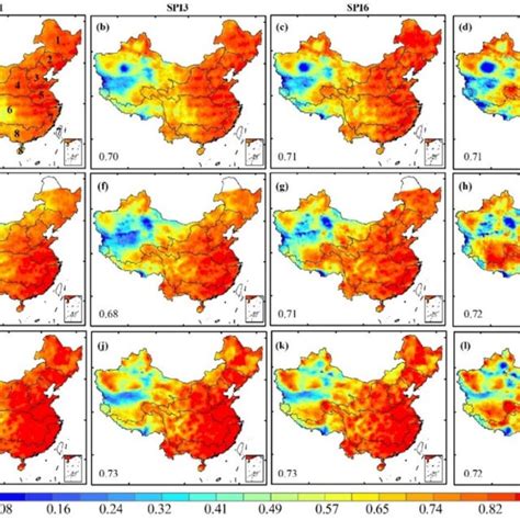 spatial distribution of correlation coefficients of the spi estimated