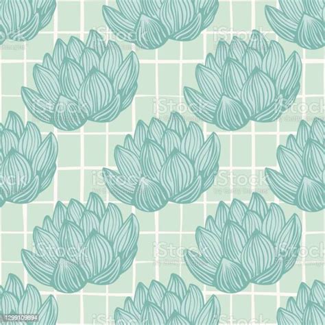 윤곽이 있는 연꽃과 가벼운 체크 무늬가 있는 파스텔 블루 팔레트 원활한 패턴 개화기에 대한 스톡 벡터 아트 및 기타 이미지
