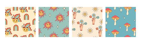 그루비 매끄러운 패턴 히피 복고풍 섬유 디자인 재미있는 상징입니다 트렌디한 복고풍 트리피 스타일의 벡터 배경 세트 히피 60 년대 70 년대 스타일 복고풍에 대한 스톡 벡터