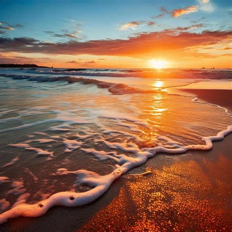 Aesthetic Sunset View In Tropical Beach Sands Sea Water Flowing