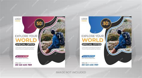 세계 여행 및 여행 프로모션 소셜 미디어 포스트 디자인 또는 스퀘어 플라이어 템플릿 탐색 프리미엄 벡터