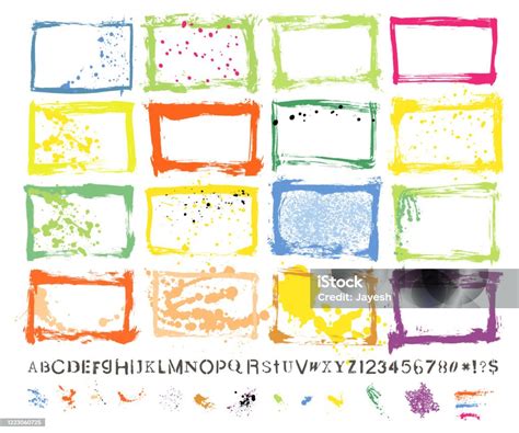 그래픽 디자인 필수 요소 실제 스캔 텍스처 브러시 스트로크 페인트 방울 및 스텐실 알파벳 세트로 페인팅 된 페이지 테두리 고해상도 Jpeg 및 그룹화 된 벡터 파일이
