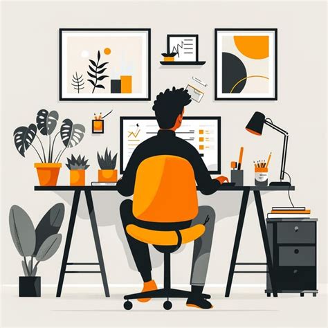 Premium Photo Man Sitting At Computer Working Minimalist Vector Illustration