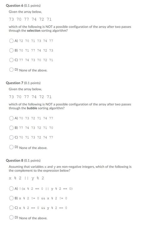 Solved Question 6 0 1 Points Given The Array Below 73 70 Chegg Com