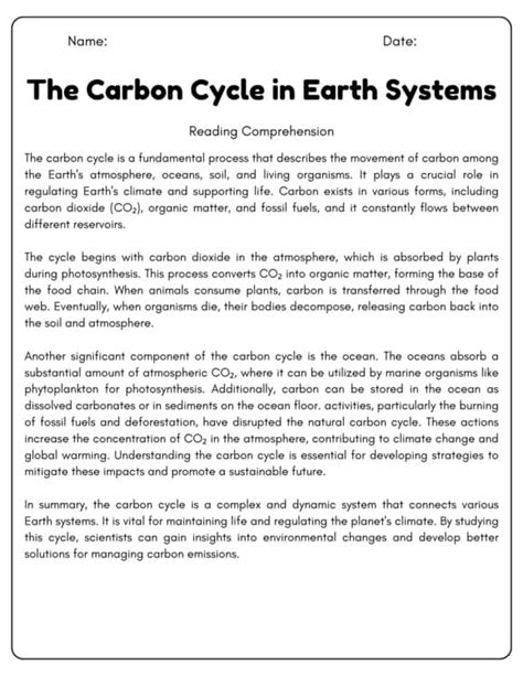 The Carbon Cycle In Earth Systems Reading Comprehension Passages And Questions