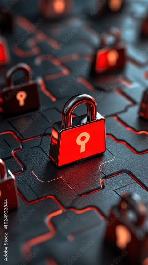 Digital Representation Of Security With Red Locks On Circuit Like Background Symbolizing