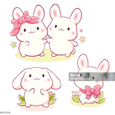 카와이 스타일의 작은 토끼 세트입니다 여러 포즈를 취하고 있는 작은 아기 토끼 귀여운 토끼 표정 시트 모음 티셔츠 인쇄 스티커 인사말 카드에 사용할 수 있습니다 벡터