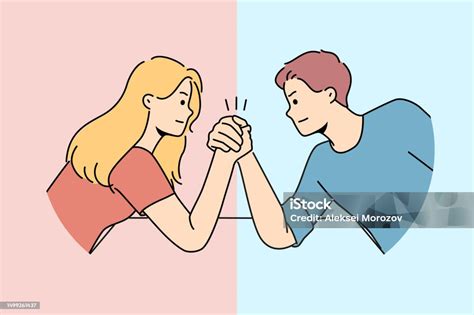 가족의 리더십을 위해 싸우는 개념을 위해 남녀 부부 사이의 팔씨름 경쟁자에 대한 스톡 벡터 아트 및 기타 이미지 경쟁자 커플 이성 커플 Istock