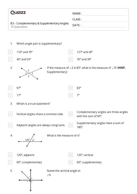 50 Complementary Supplementary Vertical And Adjacent Angles Worksheets For 4th Grade On