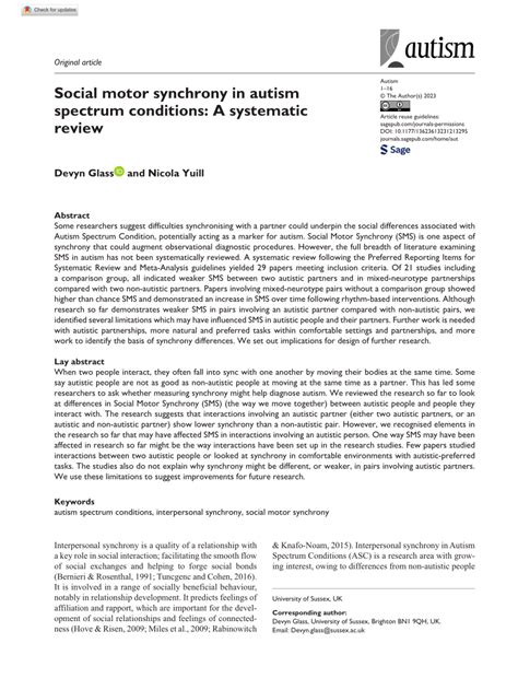 Pdf Social Motor Synchrony In Autism Spectrum Conditions A Systematic Review