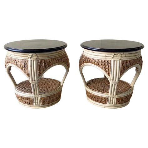 Boho Chic Bamboo And Sea Grass Circular Side Tables A Pair For Sale