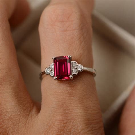 925 Sterling Silver Lab Created Ruby Ring July Birthstone Engagement