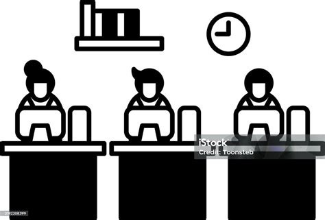 Three People Are Sitting At Desks In A Classroom Stock Illustration