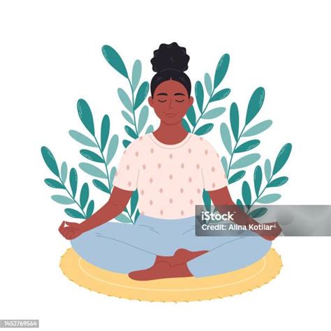 연꽃 포즈를 취하고 매트 위에서 명상하는 흑인 여성 정신 건강 관리 휴식 레크리에이션 요가 연습 손으로 그린 벡터 일러스트 레이