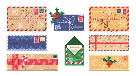 눈송이 호랑가시나무 사탕 지팡이를 특징으로 하는 축제 디자인의 크리스마스 봉투는 인사말을 보내기에 적합합니다 크리스마스에 대한 스톡 벡터 아트 및 기타 이미지 Istock