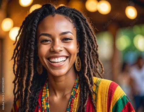 Detailed Close Up Portrait Of A Beautiful Rastafarian Woman Laughing