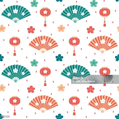 팬 들 중국 초 롱 꽃과 색종이 귀여운 동양 원활한 벡터 패턴 배경 그림 0명에 대한 스톡 벡터 아트 및 기타 이미지 0명 공휴일 귀여운 Istock