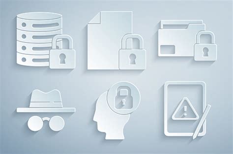 잠금 폴더 및 시크릿 모드 태블릿 느낌표 문서 및 서버 보안 아이콘으로 사람의 머리를 설정합니다 벡터 3차원 형태에 대한 스톡