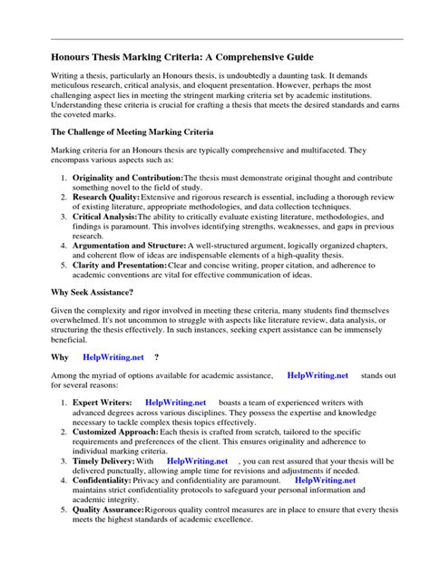 Honours Thesis Marking Criteria Pdf Thesis Essays