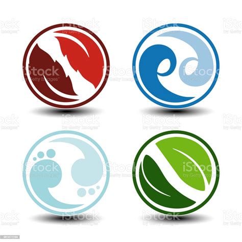 벡터화재 공기 물 지구자연 기호 자연 원형 아이콘 불꽃 거품 공기 파 물 잎 생태 소스 대체 에너지의 요소입니다 0명에 대한 스톡 벡터 아트 및 기타 이미지 Istock