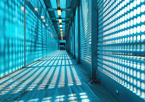 파란색 조명과 천공된 금속 벽이 있는 복도의 투시도 복도 관점 파란색 배경 일러스트 및 사진 무료 다운로드 Pngtree