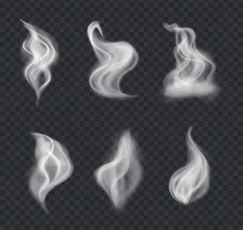 현실적인 흰색 연기 증기 파도의 연기 벡터 컬렉션 격리 투명 배경 세트 이리저리 프리미엄 벡터
