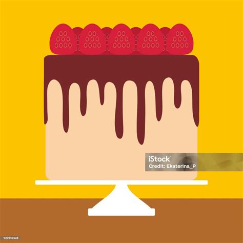 생일 발렌타인 결혼 약혼입니다 달콤한 케이크 딸기 크림 초콜렛 과자 케이크 스탠드 노란색 바탕에 파스텔 색상 벡터 귀여운에 대한 스톡 벡터 아트 및 기타 이미지 Istock