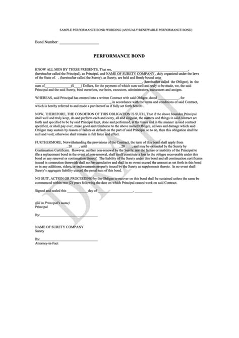 Sample Performance Bond Wording Annually Renewable Performance Bond