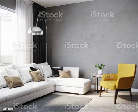 흰색 소파와 노란색 안락 의자가있는 현대적인 스칸디나비아 아파트의 인테리어 디자인 거실 3d 렌더링 0명에 대한 스톡 사진 및 기타 이미지 Istock
