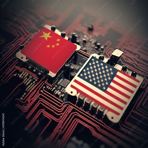 Flag Of USA And China On A Processor CPU Or GPU Microchip On A Motherboard Depicting The