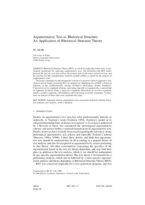 Pdf Argumentative Text As Rhetorical Structure An Application Of Rhetorical Structure Theory