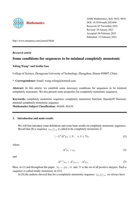 Pdf Some Conditions For Sequences To Be Minimal Completely Monotonic