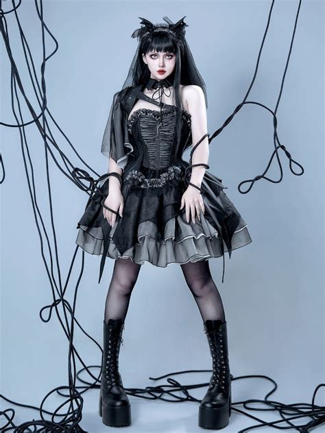 Black Boned Waist Gothic Corset Dress Lolita Jumper Skirt Big Bat Wings