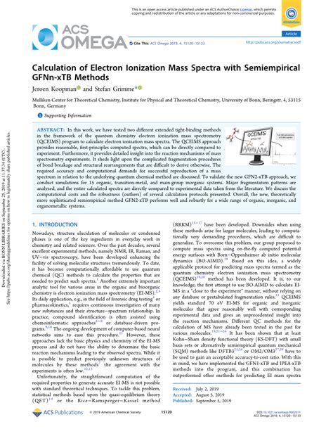 Pdf Calculation Of Electron Ionization Mass Spectra With Semiempirical Gfnn Xtb Methods
