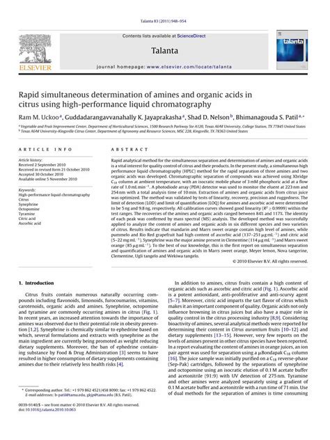 Pdf Rapid Simultaneous Determination Of Amines And Organic Acids In