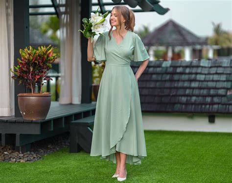 Sage Green Long Wrap Crepe Dress Bridesmaid Dress Wedding Guest Dress