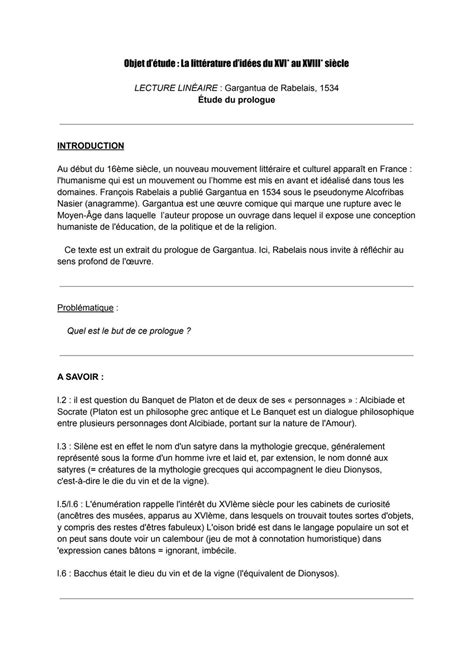 analyse linéaire et fiche de lecture du prologue de gargantua pdf