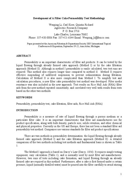 Development Of A Filter Cake Permeability Test Methodology Pdf Filtration Permeability