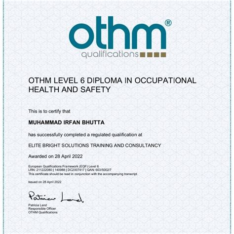 Muhammad Irfan Bhutta On Linkedin Alhamdo Lillah I Have Done Othm Level 06 Certification In Ohs