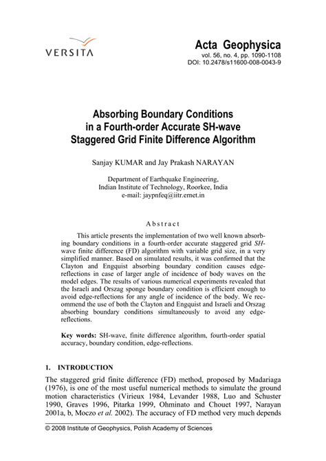 Pdf Absorbing Boundary Conditions In A Fourth Order Accurate Sh Wave Staggered Grid Finite
