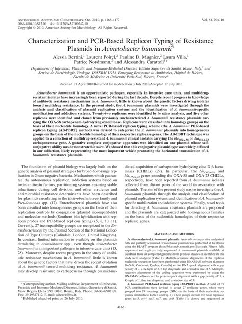 Pdf Characterization And Pcr Based Replicon Typing Of Resistance Plasmids In Acinetobacter