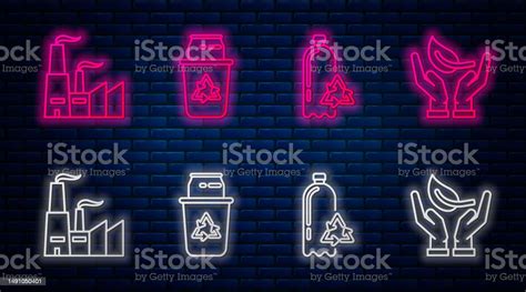 설정 라인 재활용 기호와 캔 환경 보호의 손에 플라스틱 병 공장 및 새싹을 재활용 벽돌 벽에 빛나는 네온 아이콘입니다 벡터