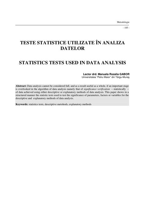 PDF Statistics Tests Used In Data Analysis