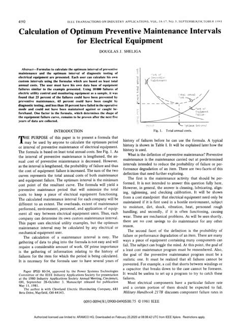 Calculation Of Optimum Preventive Maintenance Intervals For Electrical Equipment Pdf